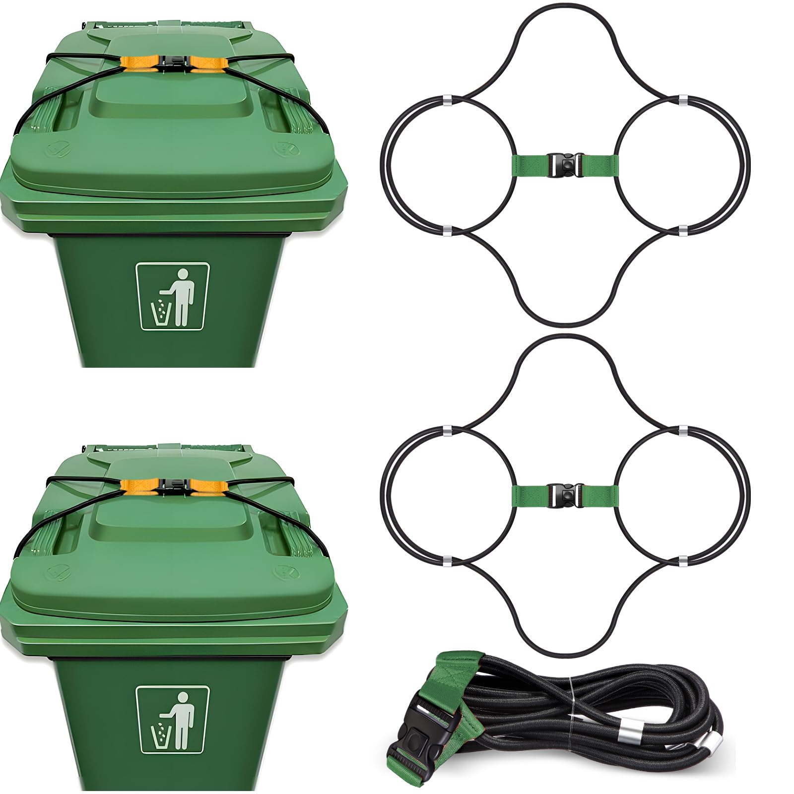 Suzile 2 Pcs Trash Can Lock Heavy Duty Trash Can Lid Lock Garbage Can Lock Garbage Can Holders for Outside Trash Can Bungee Cord for 30-50 Gal Trash Cans Dogs Raccoon Squirrel Bear Outdoor (Green)