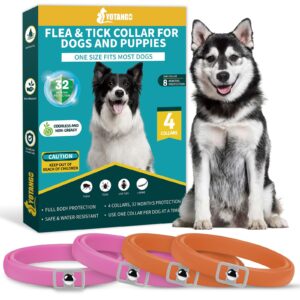 4 pack flea collar for dogs, dog flea and tick collar 8 months flea and tick treatment prevention for dogs, waterproof adjustable dog flea collar natural tick and flea collar for dogs (oragne&pink)