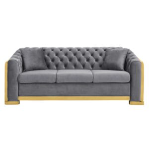 WILLIAMSPACE 81" Tufted Velvet Sofa Couch for Living Room, 3 Seater Button Sofa with Stainless Steel Gold Plating Decoration, Comfy Soft Upholstered Couch with 2 Pillows - Grey