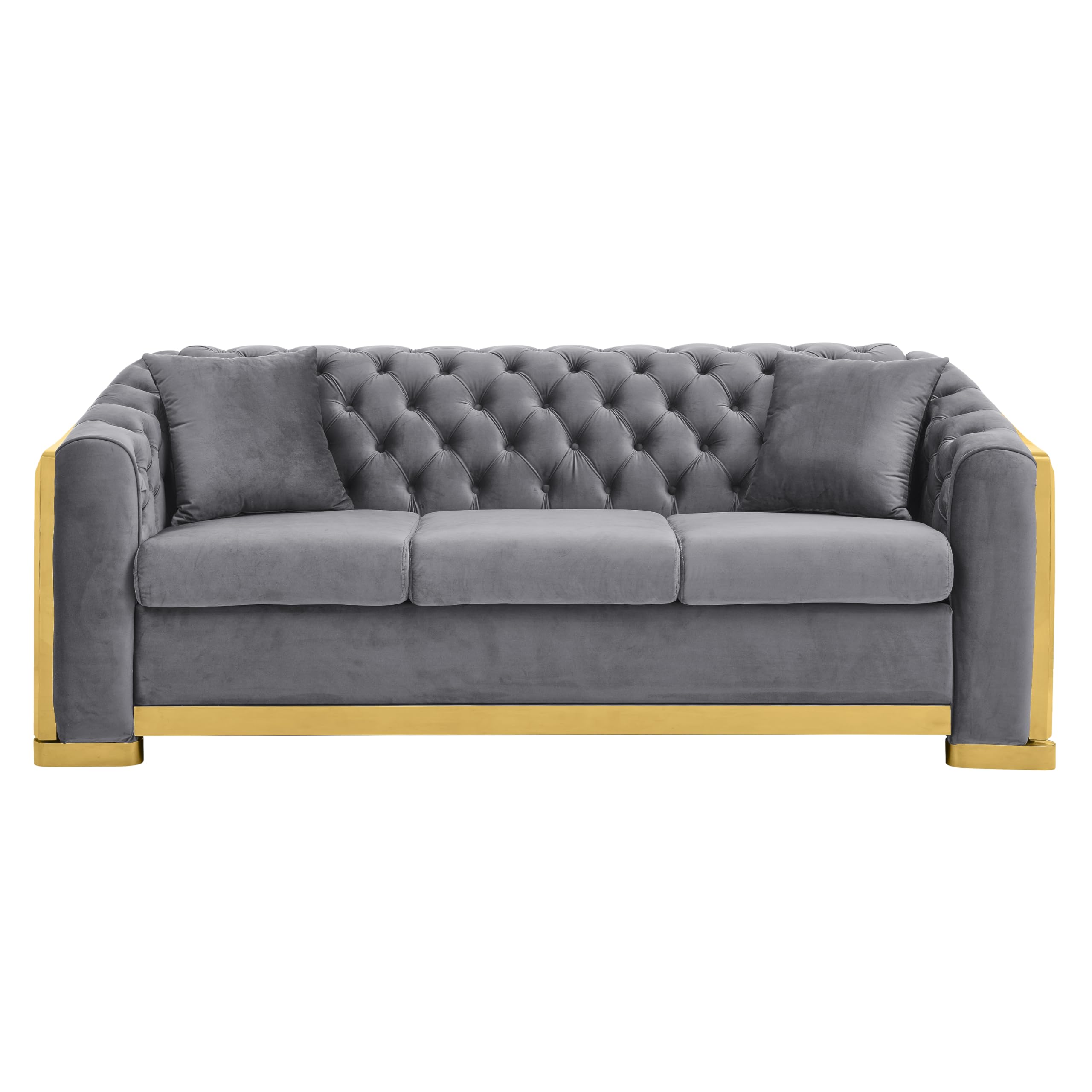 WILLIAMSPACE 81" Tufted Velvet Sofa Couch for Living Room, 3 Seater Button Sofa with Stainless Steel Gold Plating Decoration, Comfy Soft Upholstered Couch with 2 Pillows - Grey