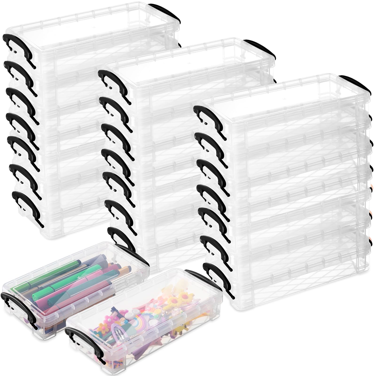 Gueevin 24 Pcs Large Capacity Plastic Pencil Box Clear Plastic Pencil Case Crayon Box with Snap Tight Lid Watercolor Pen Storage Brush Pencil Box Organizer Drawing Tools Container (Black)