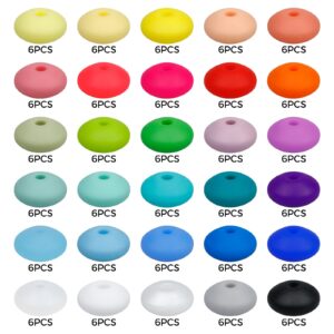 180PCS FIVEIZERO Silicone Lentil Beads,12mm 30 Colos Silicone Abacus Beads Silicone Beads Bulk Loose Spacer Jewelry Beads Colorful DIY Lanyard Beads for Making Necklace Keychain Accessories