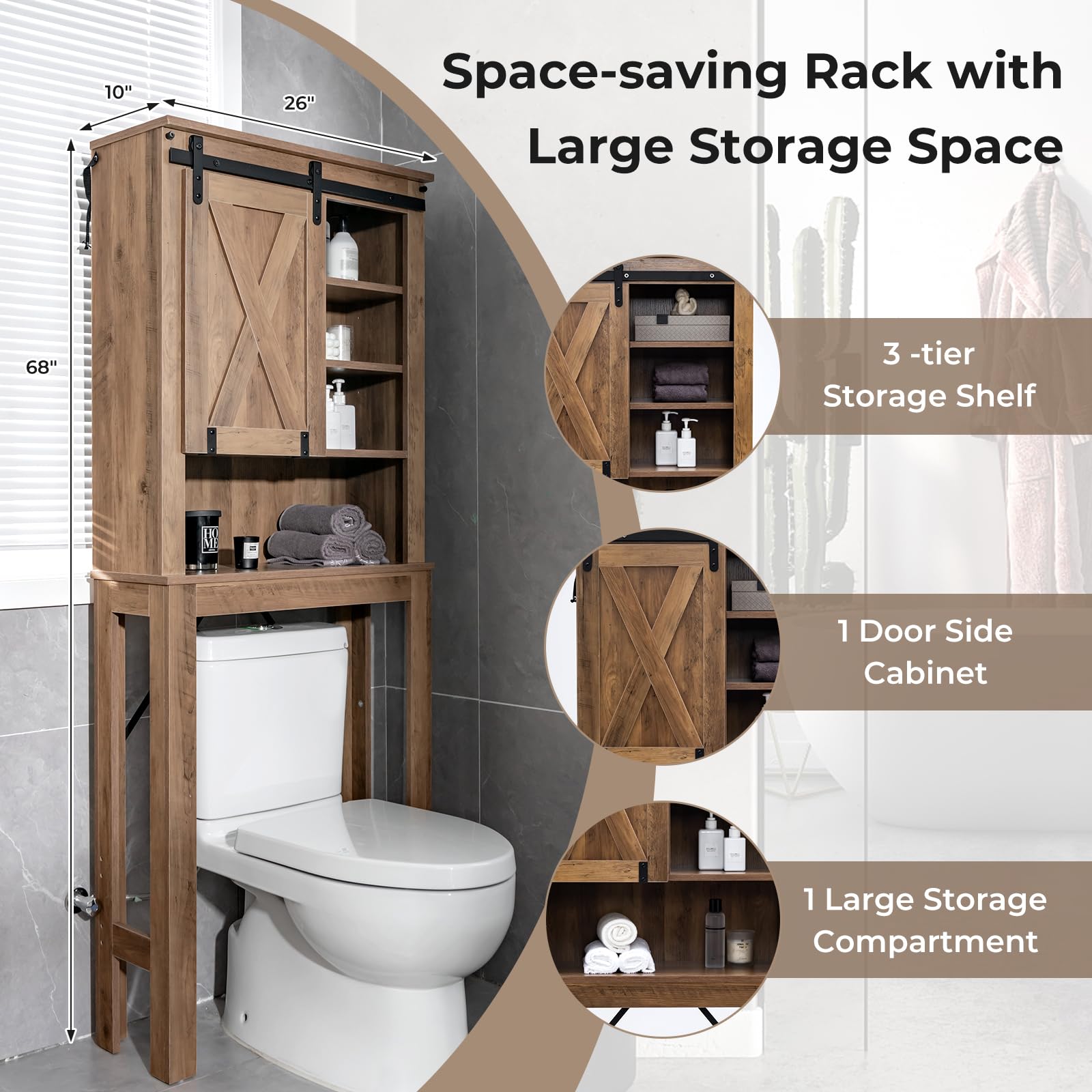 LOKO 4-Tier Over The Toilet Storage Cabinet, Bathroom Toilet Rack with 3-Position Adjustable Shelves, Freestanding Above Toilet Organizer with Anti-Toppling Devices & Non-Slip Foot Pads, Brown