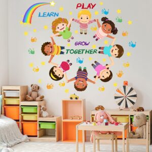 colorful rainbow wall decals kids handprint wall stickers inspirational wall art murals peel and stick for classroom school nursery playroom decor (a)