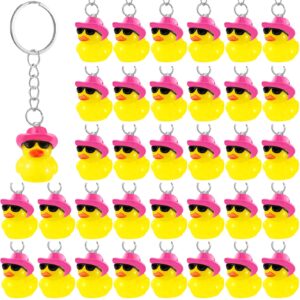 siifert 36 pcs duck keychain bulk cowboy cowgirl duck party favors resin tiny duck keychain with cowboy hat sunglasses charms pendant for kids gift halloween birthday baby shower (yellow,rose red)