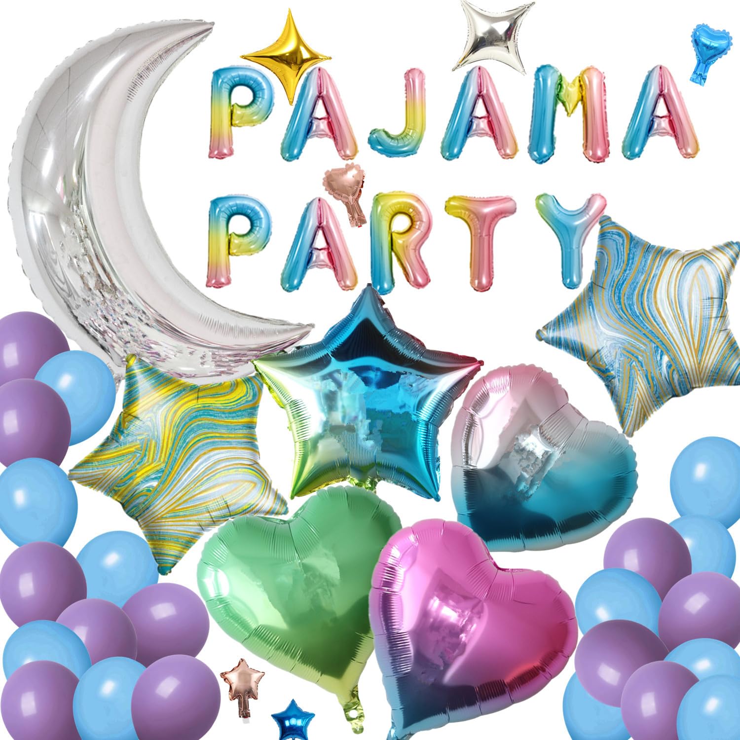 44 Pieces PAJAMA PARTY Balloons Silver Moon Star Rainbow Gradient Heart Aluminum Foil Balloons Purple Blue Latex Balloons for Girls Women Slumber Party Sleepover Birthday Party Decoration (Silver)