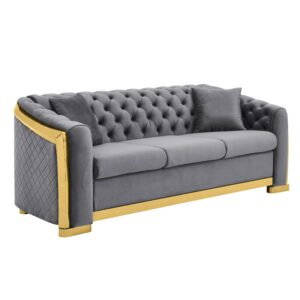 WILLIAMSPACE 81" Tufted Velvet Sofa Couch for Living Room, 3 Seater Button Sofa with Stainless Steel Gold Plating Decoration, Comfy Soft Upholstered Couch with 2 Pillows - Grey