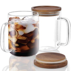 drastar glass coffee mugs, 20 oz clear coffee cups with acacia wood lid, large coffee mug set of 2, tea glass cups with handles, glass coffee cups for latte, espresso, tea