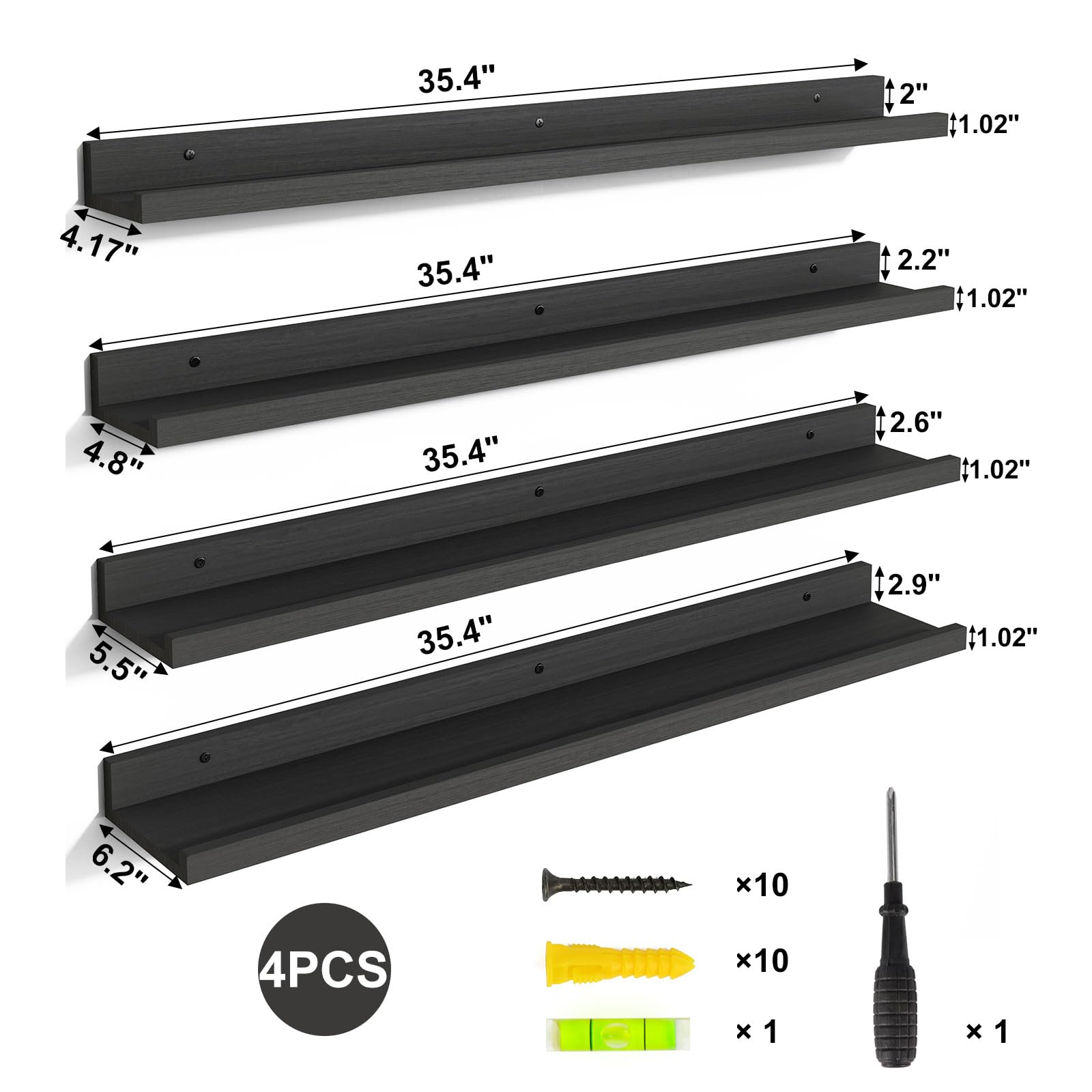 Fixwal U-Shaped Floating Shelves Set of 4, 36 Inch Modern Wall Mounted Picture Ledge for Home Storage and Décor in Bedroom, Living Room, Bathroom (Black)