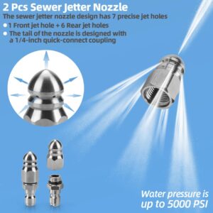 Pressure Washer Sewer Jetter Nozzle, Sewer Cleaning Nozzle Tips Pressure Drain Jetter Hose Nozzle with 1/4'' Quickly Connector 5000 PSI (2 Sets)