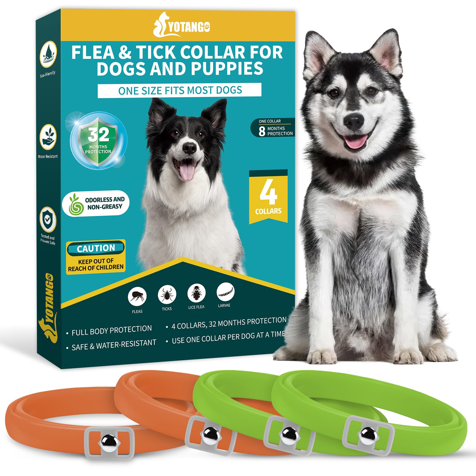 4 Pack Flea Collar for Dogs, Dog Flea and Tick Collar 8 Months Flea and Tick Treatment Prevention for Dogs, Waterproof Adjustable Dog Flea Collar Natural Tick and Flea Collar for Dogs (Oragne&Green)