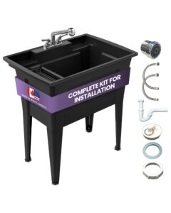 utility sink with two-handle chrome plastic faucet – 32” utility sinks for laundry room, garage, garden, basement – noah william home indoor and outdoor polypropylene basement wash tub (black)