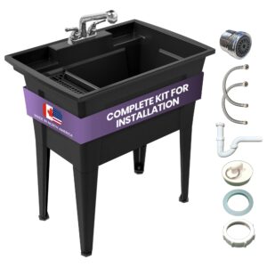 Utility Sink with Two-Handle Chrome plastic Faucet – 32” Utility Sinks for Laundry Room, Garage, Garden, Basement – Noah William Home Indoor and Outdoor Polypropylene Basement Wash Tub (Black)