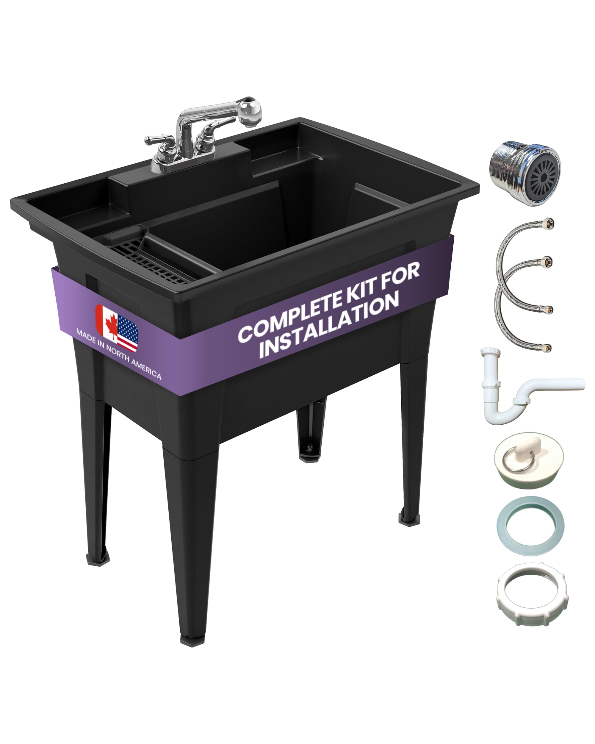 Utility Sink with Two-Handle Chrome plastic Faucet – 32” Utility Sinks for Laundry Room, Garage, Garden, Basement – Noah William Home Indoor and Outdoor Polypropylene Basement Wash Tub (Black)