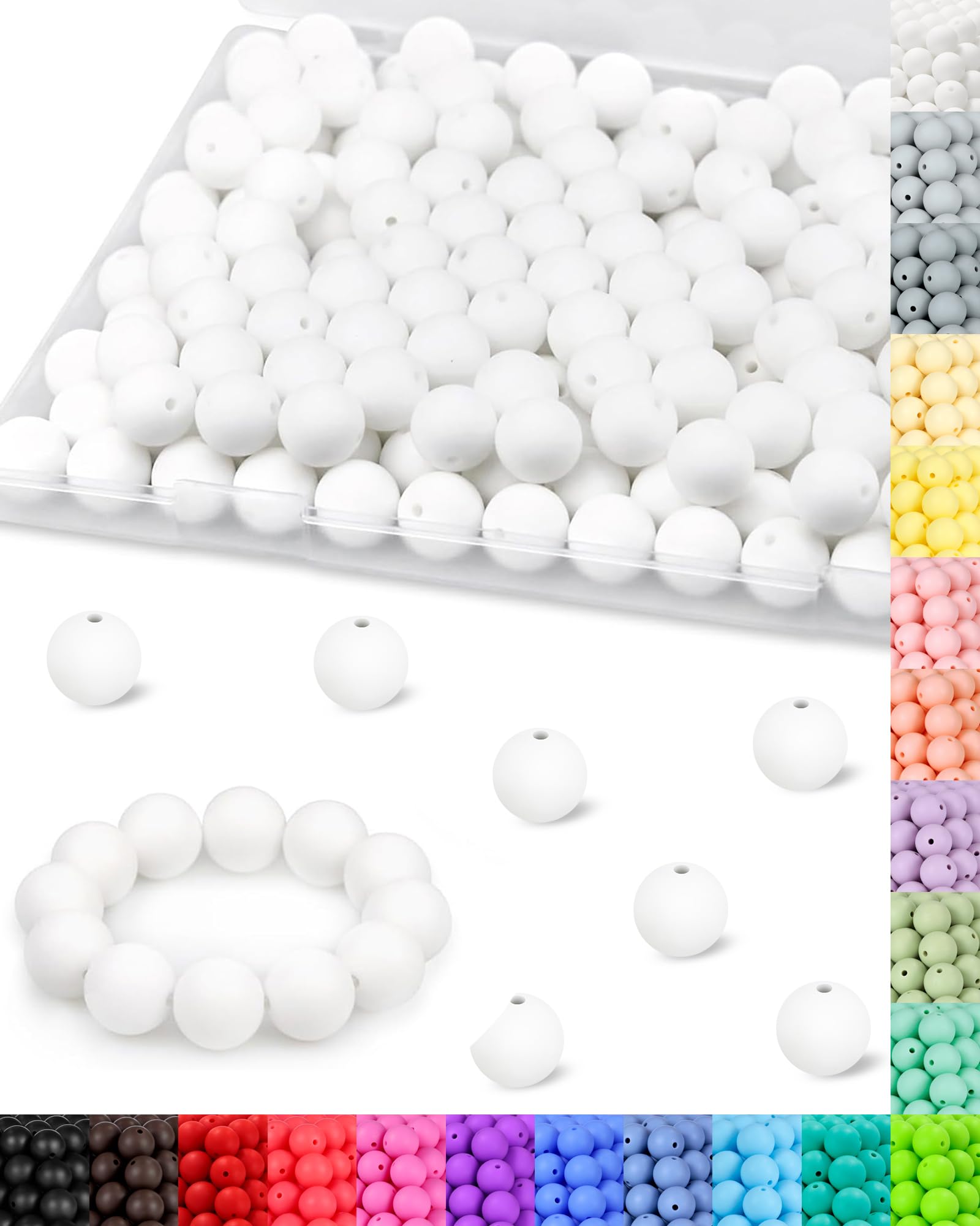 120PCS FIVEIZERO Silicone Beads, 15mm Silicone Beads White for Keychain Making Bulk Round Silicone Beadsfor Bracelet Necklace DIY Crafts Making (White)