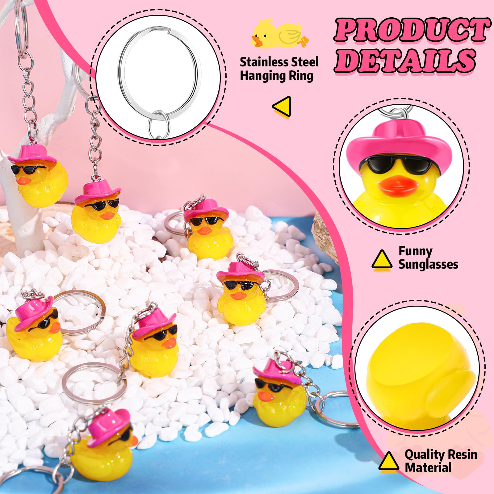 Siifert 36 Pcs Duck Keychain Bulk Cowboy Cowgirl Duck Party Favors Resin Tiny Duck Keychain with Cowboy Hat Sunglasses Charms Pendant for Kids Gift Halloween Birthday Baby Shower (Yellow,Rose Red)