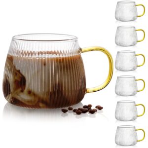 avla 6 pack glass coffee mugs, 16 oz unique vertical stripes coffee cup, clear large tea glasses with handle, vintage transparent glassware for hot/cold beverages, cappuccino, latte, espresso, juice