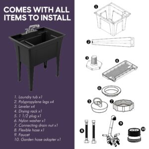 Utility Sink with Two-Handle Chrome plastic Faucet – 32” Utility Sinks for Laundry Room, Garage, Garden, Basement – Noah William Home Indoor and Outdoor Polypropylene Basement Wash Tub (Black)