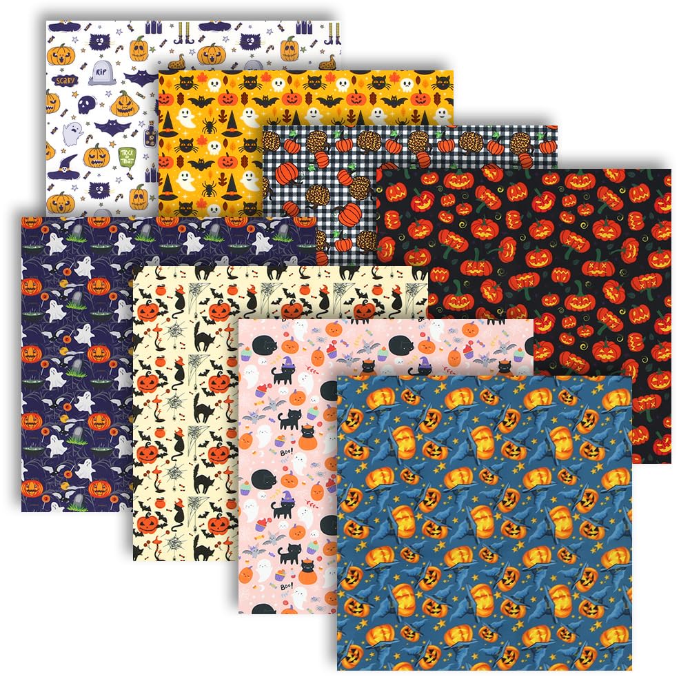 Halloween Fabric,Halloween Fat Quarters Fabric Bundles 8 PCS,Skull Pumpkin Spooky Theme Fabric 19.7 X 19.7 in for Sewing Dressmaking Thanksgiving Fall Festival Party DIY Sewing Craft Decorations