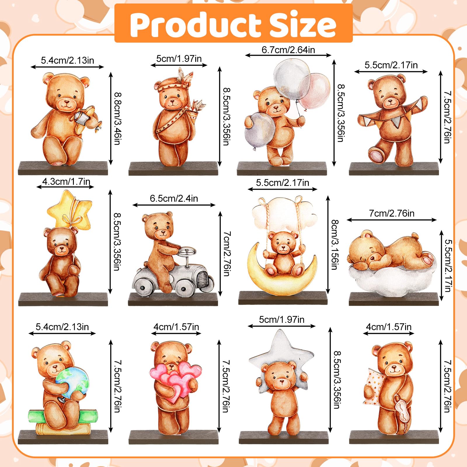 Barydat 12 Pcs Bear Party Decorations Teddy Bear Wooden Table Centerpiece Bear Baby Shower Decor Table Toppers Bear Theme Birthday Gender Reveal Party Supplies for Boys Kids Baby Shower Nursery Party