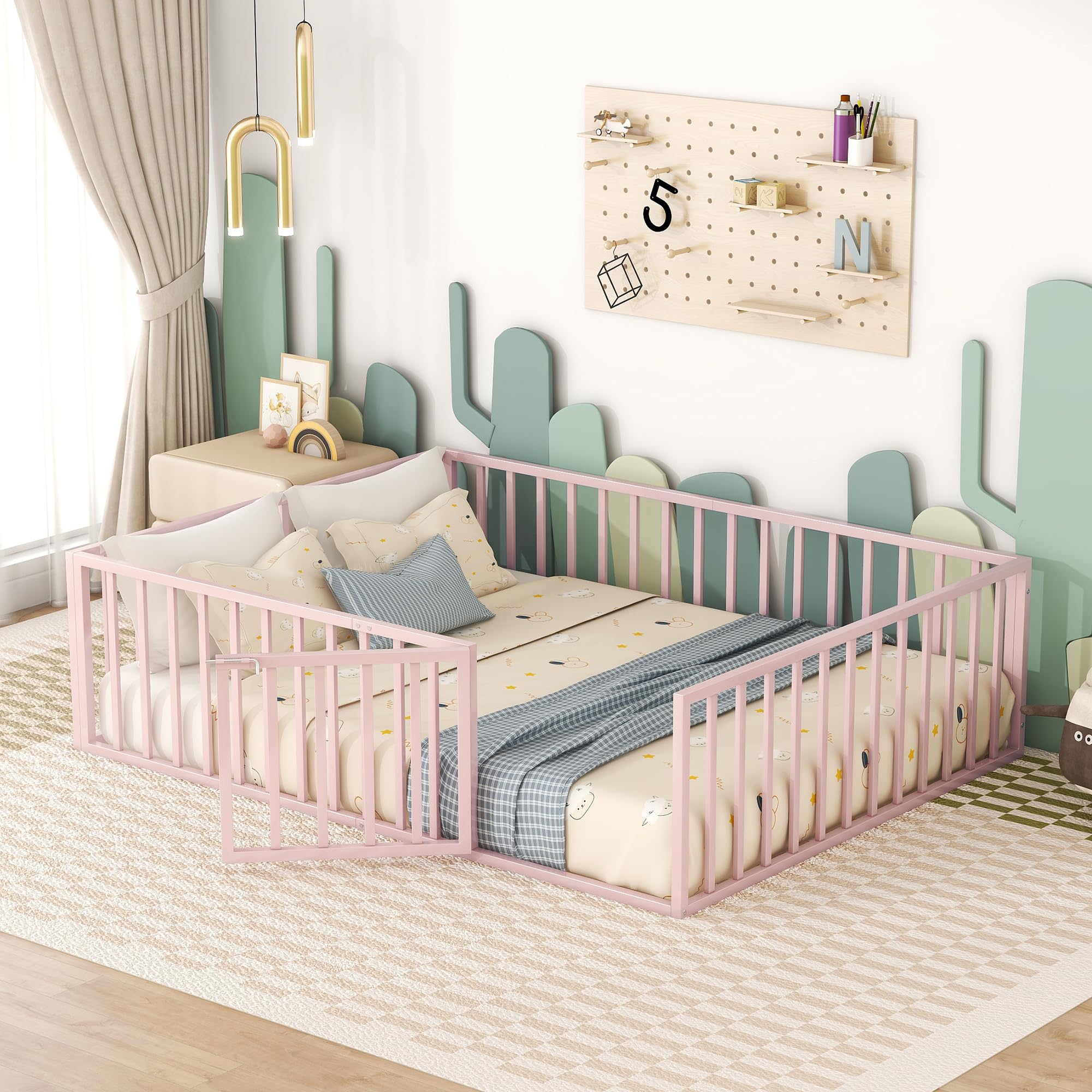 Harper & Bright Designs Queen Metal Floor Bed Frame with Rails, Queen Montessori Floor Bed with Fence and Door, for Kids Girls Boys (Queen Size, Pink)