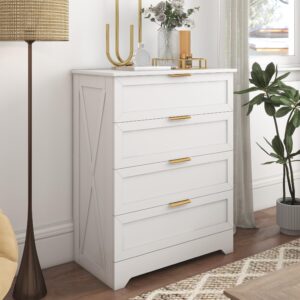 white 4 drawer dresser for bedroom, tall bedroom dresser with large drawer & golden handles, wooden storage organizer cabinet chest of drawer for closet, living room, hallway, children's room