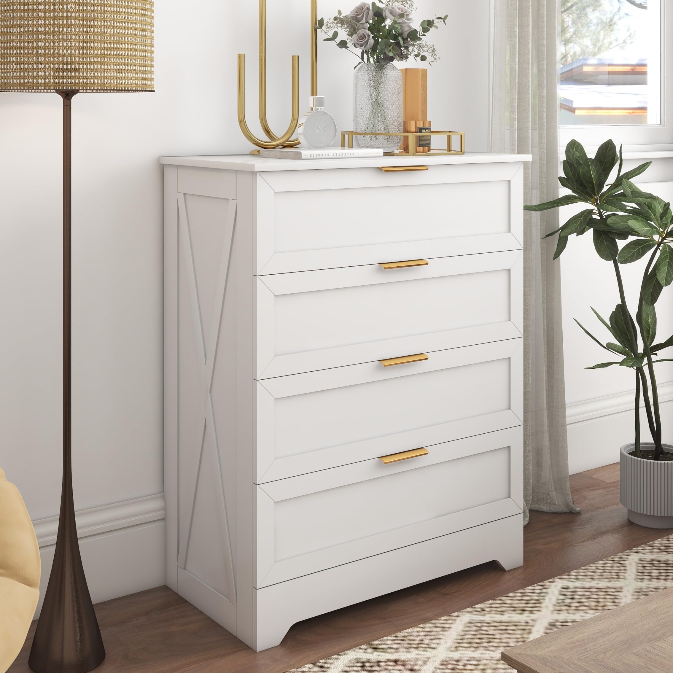 White 4 Drawer Dresser for Bedroom, Tall Bedroom Dresser with Large Drawer & Golden Handles, Wooden Storage Organizer Cabinet Chest of Drawer for Closet, Living Room, Hallway, Children's Room