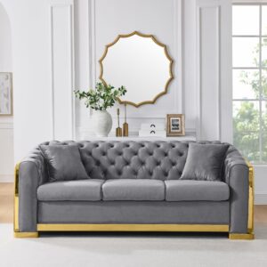 WILLIAMSPACE 81" Tufted Velvet Sofa Couch for Living Room, 3 Seater Button Sofa with Stainless Steel Gold Plating Decoration, Comfy Soft Upholstered Couch with 2 Pillows - Grey