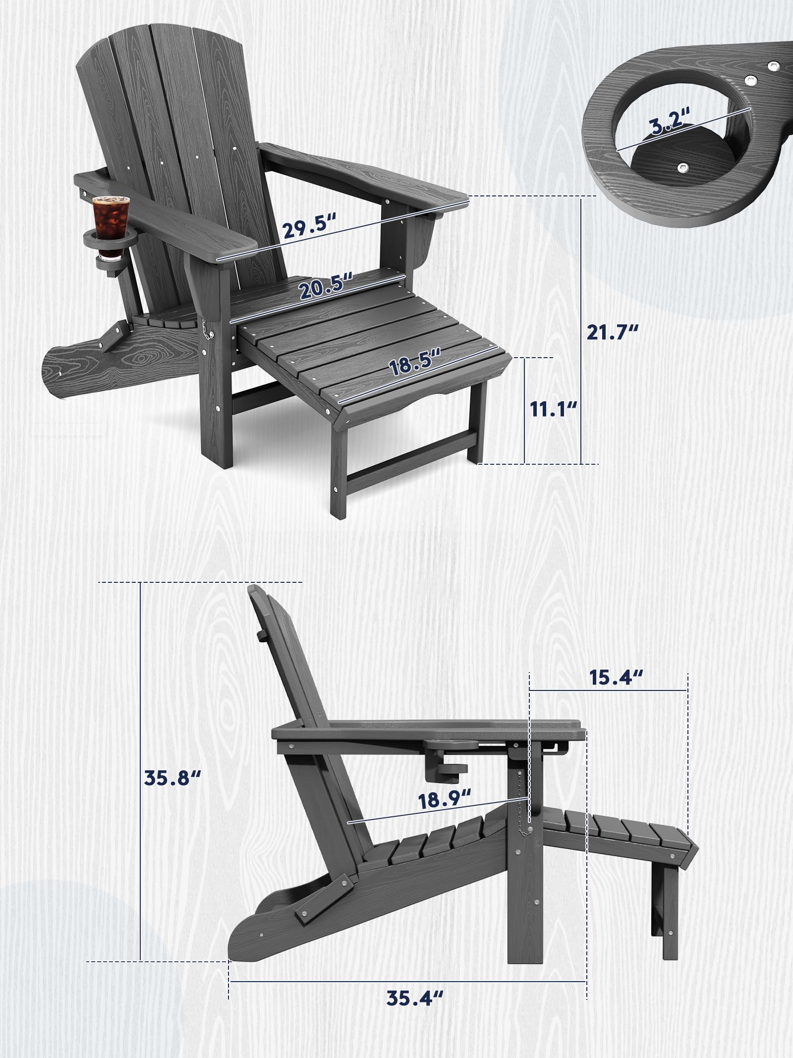 KINGYES Folding Adjustable Adirondack Chair with Retractable Ottoman Set of 2, HDPE All Weather Chair with Cup Holder, Wood-Like Reclining Adirondack Chair - Versatile Adirondack Chair, Grey