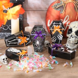 PerKoop 24 Pieces Halloween Coffin Treat Boxes with 30 Pull Bows Paper Coffin Goodies Candy Boxes Bulk Coffin Shape Gifts Box for Halloween Trick or Treat Party Favors Packing Supplies, 6 Styles