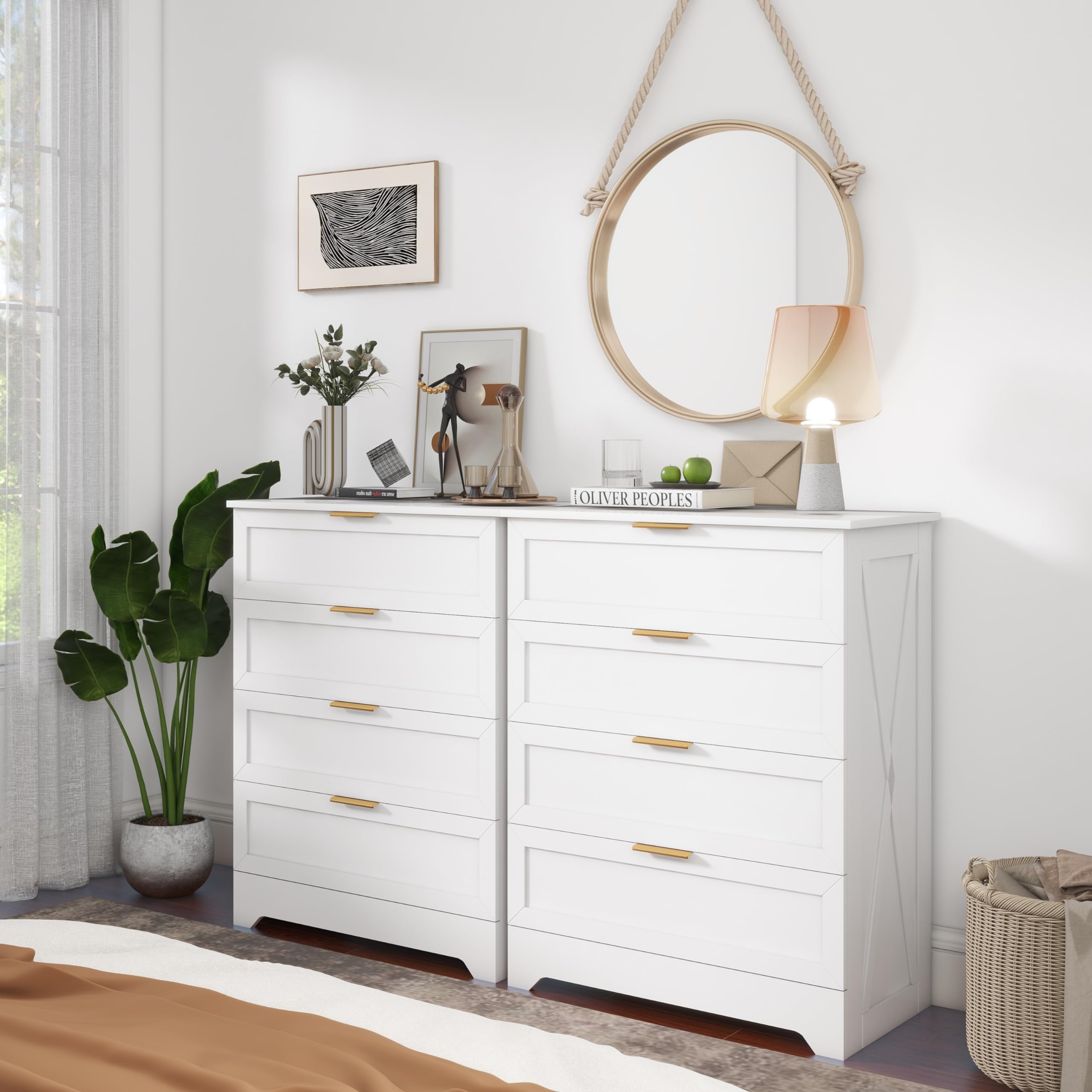 White 4 Drawer Dresser for Bedroom, Tall Bedroom Dresser with Large Drawer & Golden Handles, Wooden Storage Organizer Cabinet Chest of Drawer for Closet, Living Room, Hallway, Children's Room