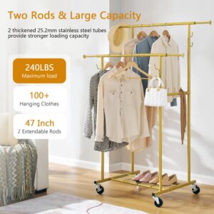 Gewudraw Double Rod Garment Rack, Heavy Duty Rolling Gold Clothes Rack with Wheels For Hanging Clothes,Portable Metal Clothing Rack with Shelves, 64.2inch Chrome