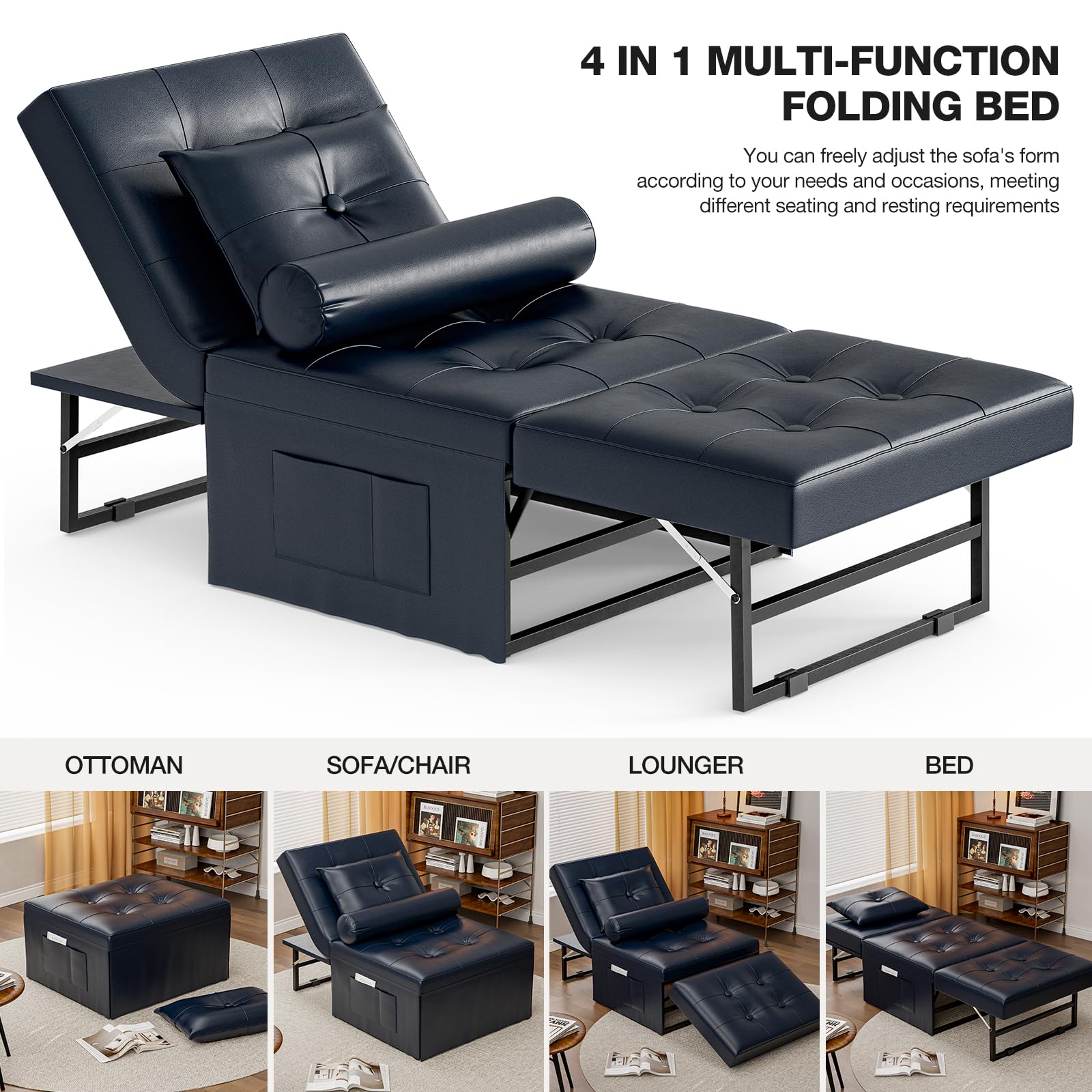 Faux Leather Sofa Bed, 4 in 1 Convertible Chair Multi-Function Folding Ottoman Guest Bed with Adjustable Backrest for Living Room, Apartment, Office 71.9''W (included 2 throw pillow) (Dark Blue)