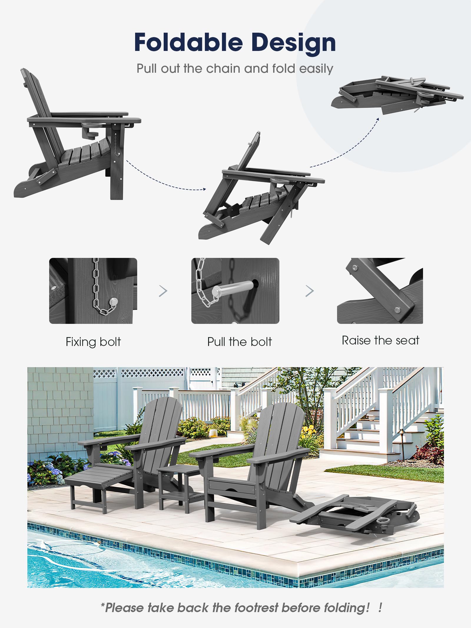 KINGYES Folding Adjustable Adirondack Chair with Retractable Ottoman Set of 2, HDPE All Weather Chair with Cup Holder, Wood-Like Reclining Adirondack Chair - Versatile Adirondack Chair, Grey