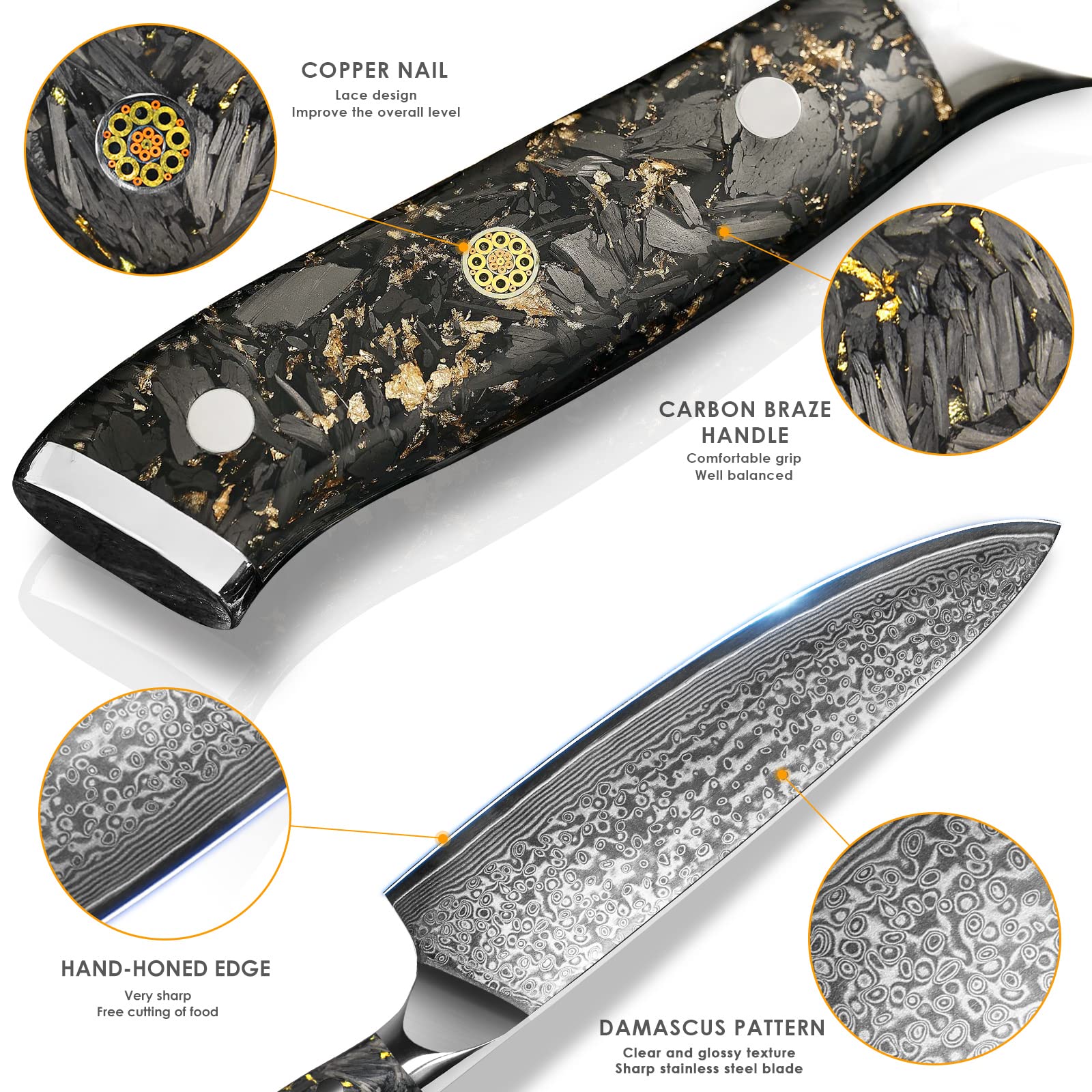 Kuwata Chef Knife, 8 Inch Damascus Professional Black Gold Series Chefs Knife, VG10 Damascus Steel Vegetable Cooking Knife, Kitchen Knife G10 Ergonomic Black Gold Handle with Gift Box