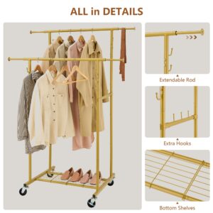 Gewudraw Double Rod Garment Rack, Heavy Duty Rolling Gold Clothes Rack with Wheels For Hanging Clothes,Portable Metal Clothing Rack with Shelves, 64.2inch Chrome