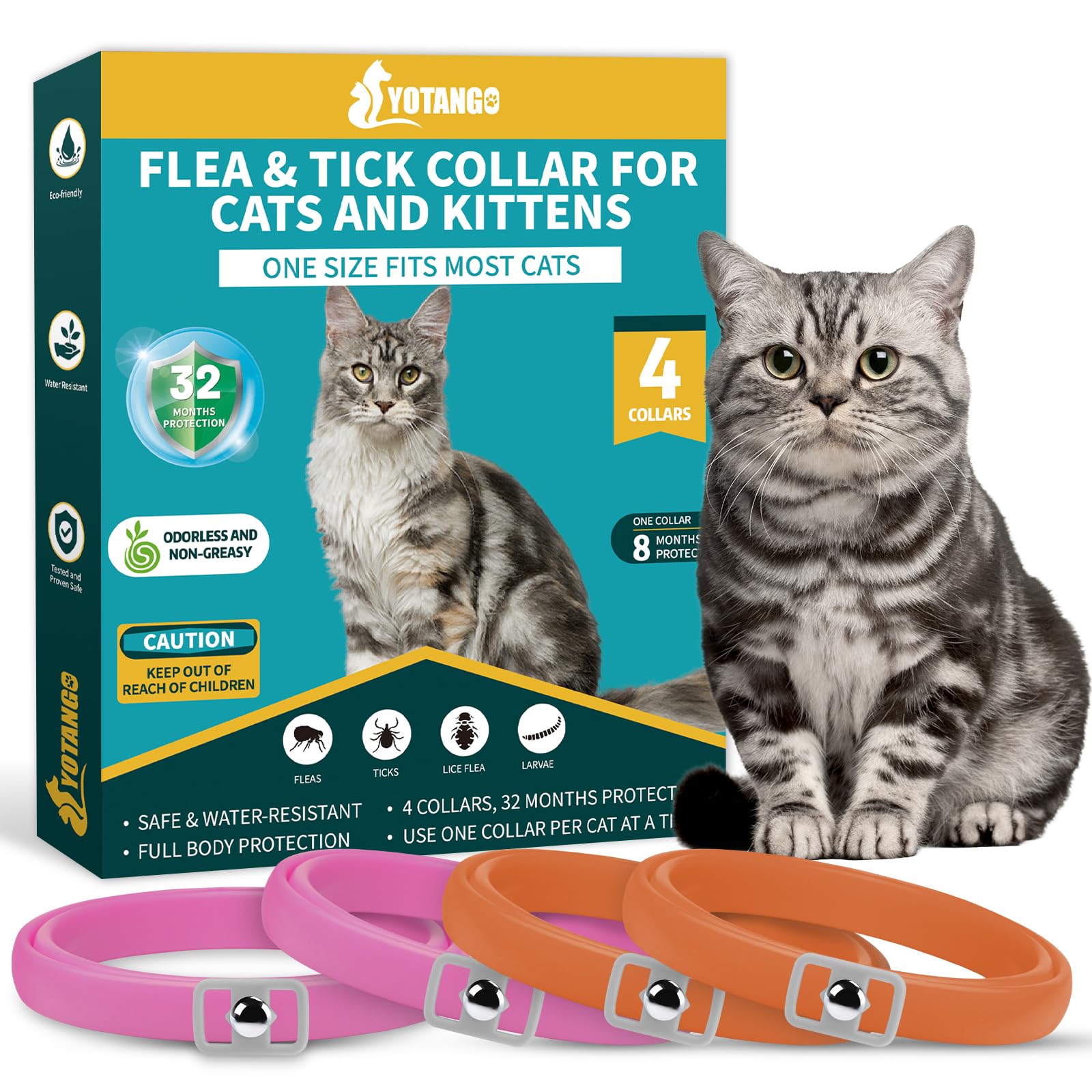 4 Pack Flea Collar for Cats, Cat Flea and Tick Collar 8 Months Cat Flea Collar Treatment Prevention, Adjustable Waterproof Cat Flea Collar Kitten Natural Tick and Flea Collar for Cat (Pink&Orange)