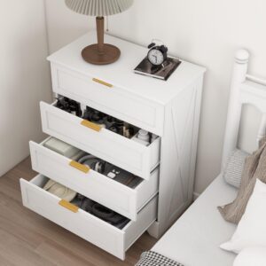 White 4 Drawer Dresser for Bedroom, Tall Bedroom Dresser with Large Drawer & Golden Handles, Wooden Storage Organizer Cabinet Chest of Drawer for Closet, Living Room, Hallway, Children's Room