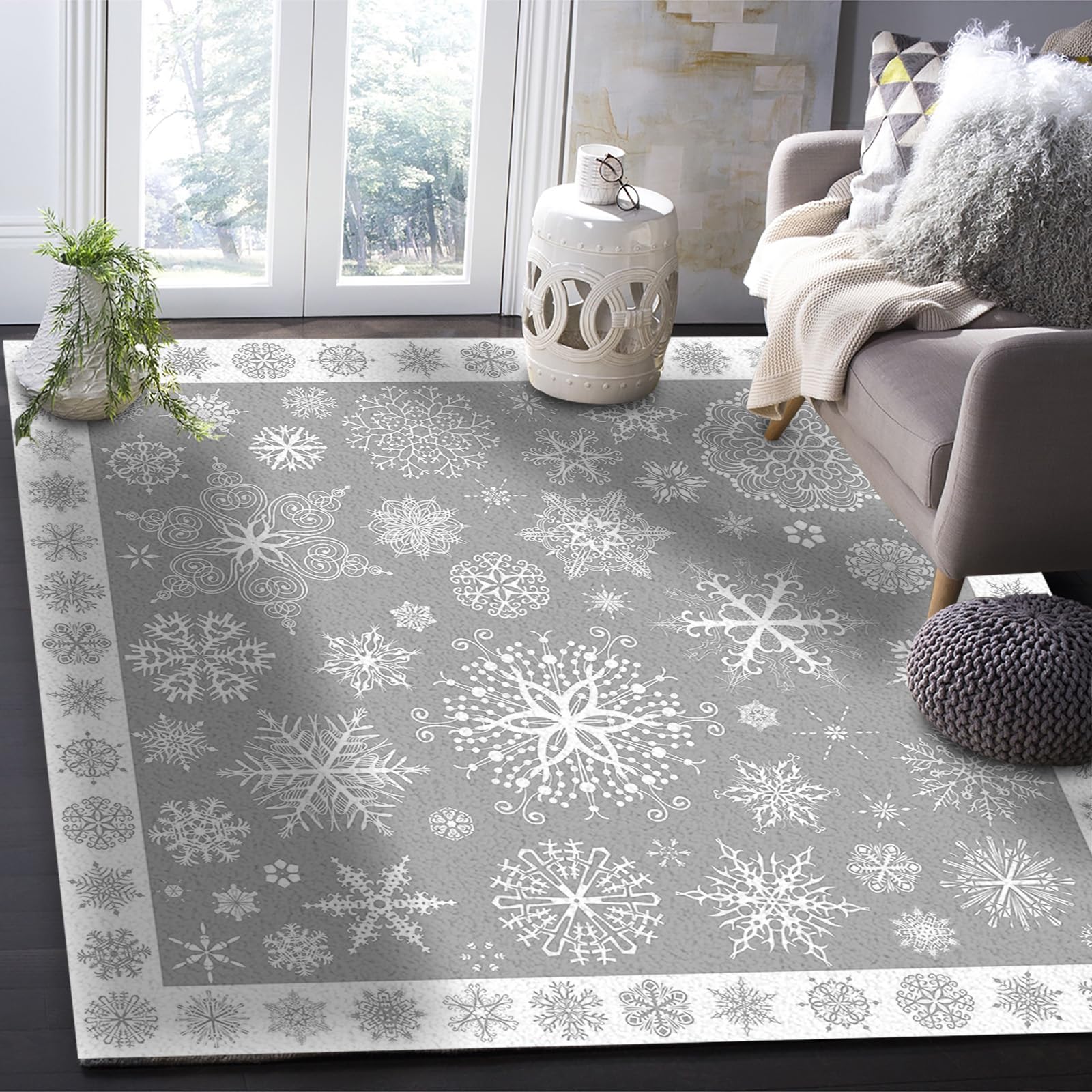 Grey Snowflake Christmas Area Rug for Living Room, Rectangular Indoor Carpet - 2' x 3', Xmas Winter Snowflake Gray Non-Skid Bathroom Mat Kitchen Runner Rugs for Bedroom