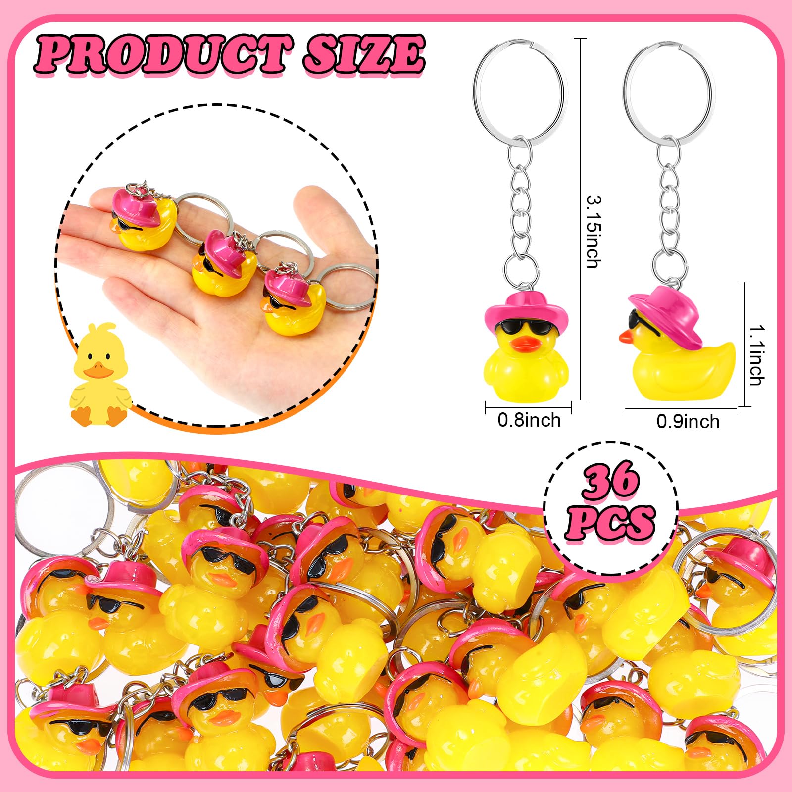 Siifert 36 Pcs Duck Keychain Bulk Cowboy Cowgirl Duck Party Favors Resin Tiny Duck Keychain with Cowboy Hat Sunglasses Charms Pendant for Kids Gift Halloween Birthday Baby Shower (Yellow,Rose Red)