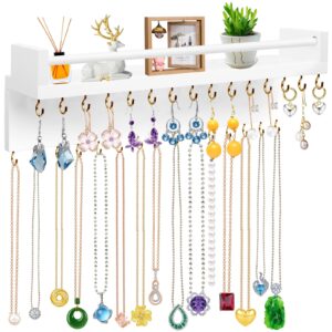 ourise necklace holder wall hanging jewelry organizer with 30 hooks & cosmetics shelf,wall jewelry organizer for necklaces bracelet earrings ring