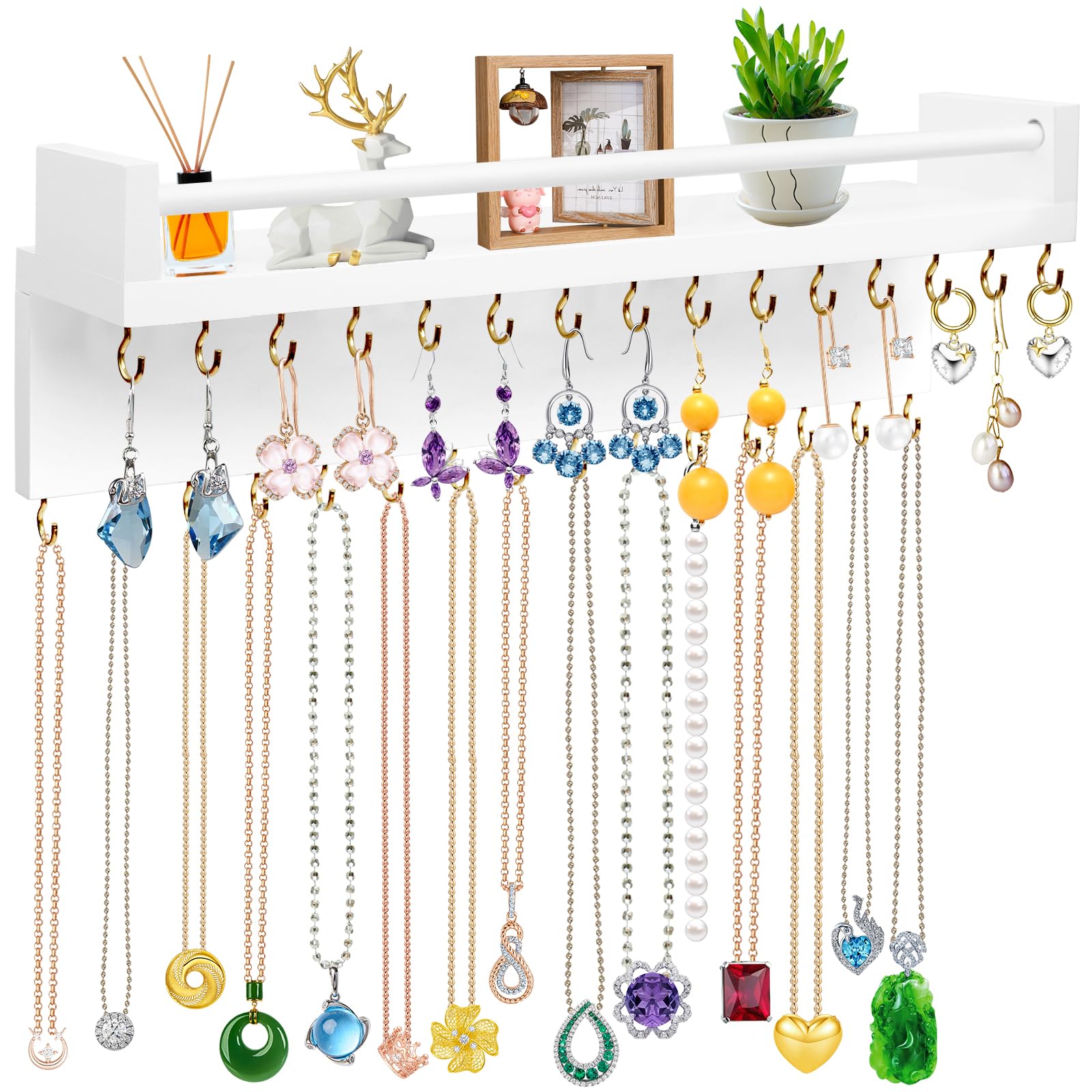 OURISE Necklace Holder Wall Hanging Jewelry Organizer with 30 Hooks & Cosmetics Shelf,Wall Jewelry Organizer for Necklaces Bracelet Earrings Ring