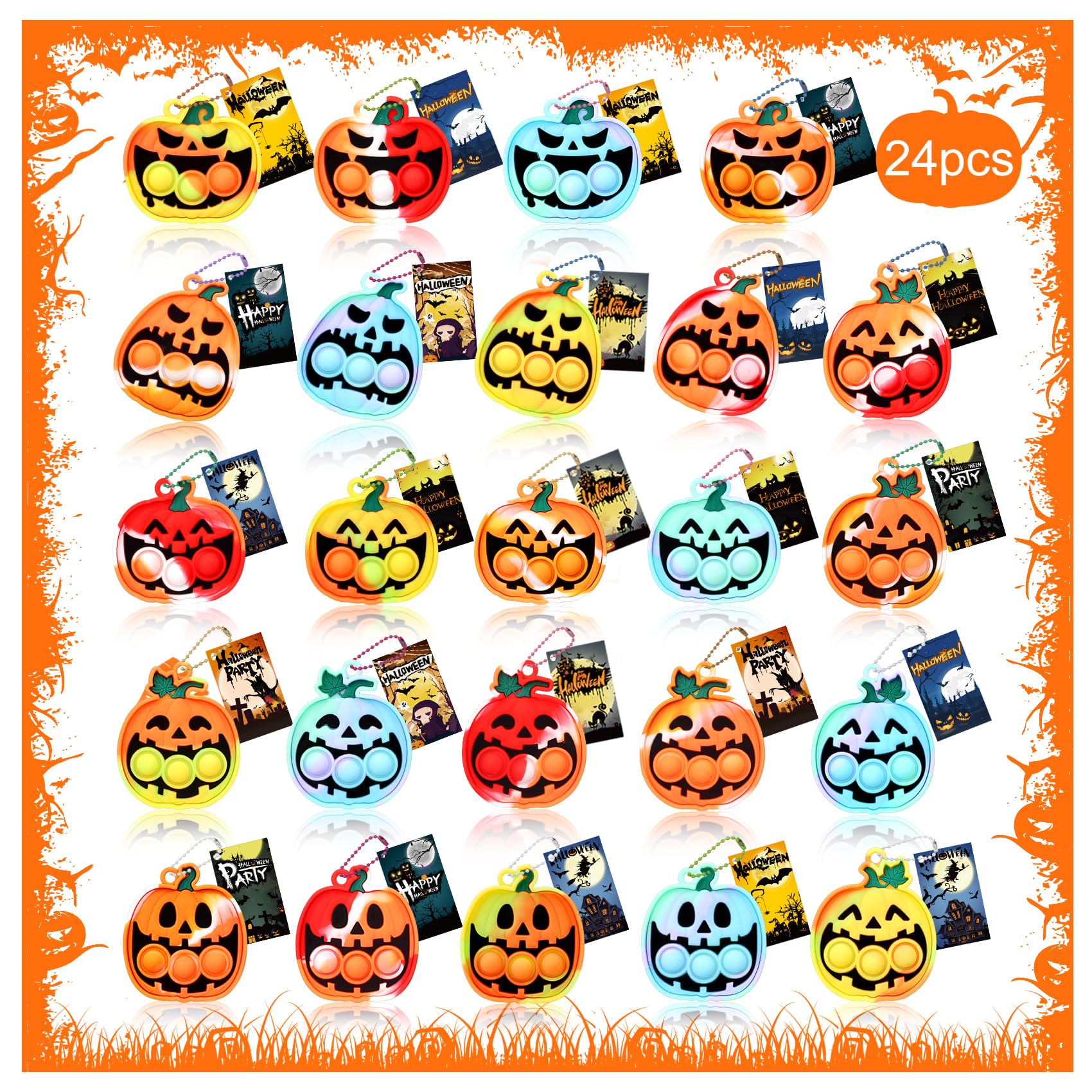 Halloween Party Favors for Kids,24 PCS Halloween Pumpkin Pop Fidget its Toys Keychain,Halloween Toys Treats for Kids,Halloween Goodie Bag Stuffers,Halloween Classroom Prizes