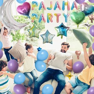 44 Pieces PAJAMA PARTY Balloons Silver Moon Star Rainbow Gradient Heart Aluminum Foil Balloons Purple Blue Latex Balloons for Girls Women Slumber Party Sleepover Birthday Party Decoration (Silver)