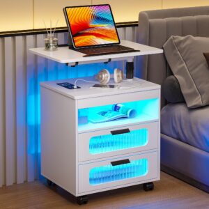 hnebc nightstand with wireless charging station, led nightstand has adjustable rotary workstation,smart night stand with 2 drawers,modern bedside table for bedroom, sensor light/wheel (white)