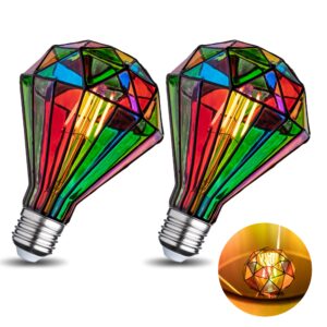 2 pack stained glass light bulb,4w, rainbow painted led light bulb night light, g95 diamond shape color bulb, decorative light bulb for party light, recreation room