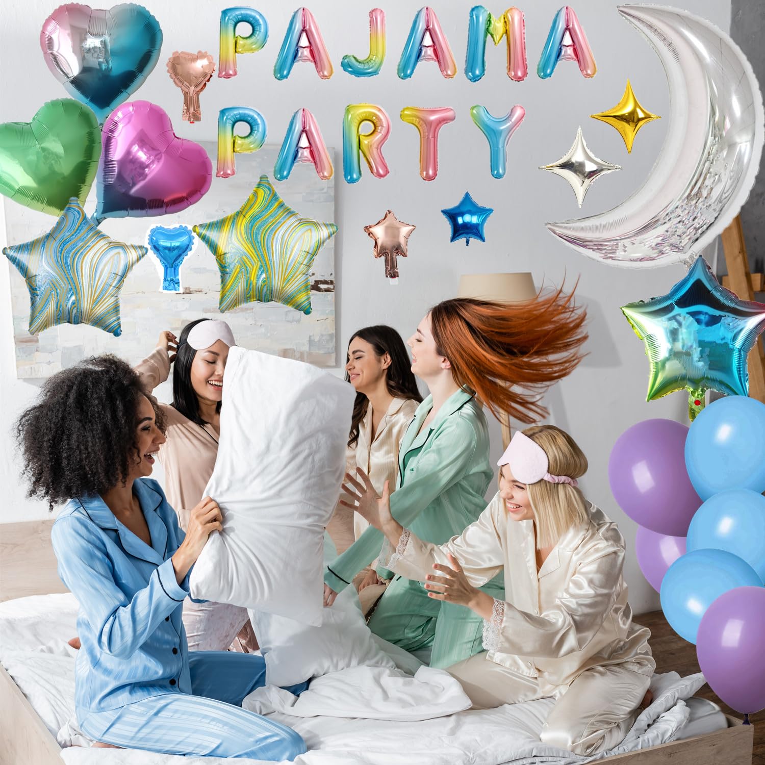 44 Pieces PAJAMA PARTY Balloons Silver Moon Star Rainbow Gradient Heart Aluminum Foil Balloons Purple Blue Latex Balloons for Girls Women Slumber Party Sleepover Birthday Party Decoration (Silver)