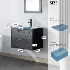 eclife 24" Bathroom Vanities Cabinet with Sink Combo, Wall Mounted Floating Cabinet W/Decor Line, Soft-Close System, 2 Extra Big Drawers, Matte Black Faucet, Black