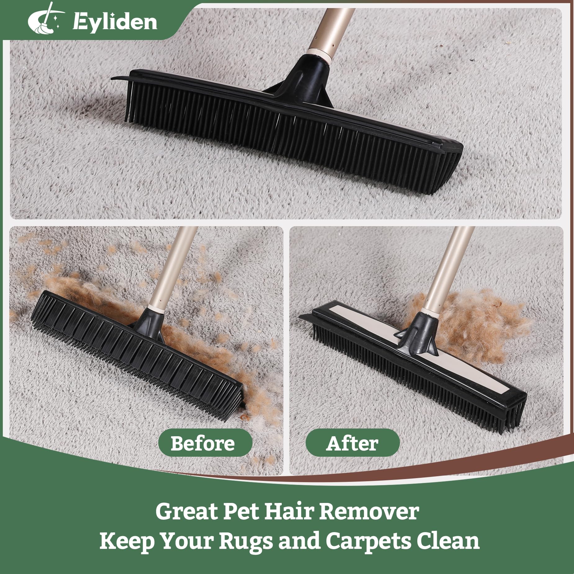 Eyliden Carpet Rake for Pet Hair Removal, 2-in-1 Rubber Broom with Squeegee and 54’’ Telescopic Long Handle, Fur Pet Hair Removal Broom for Carpet Rug Floor Hardwood Tile