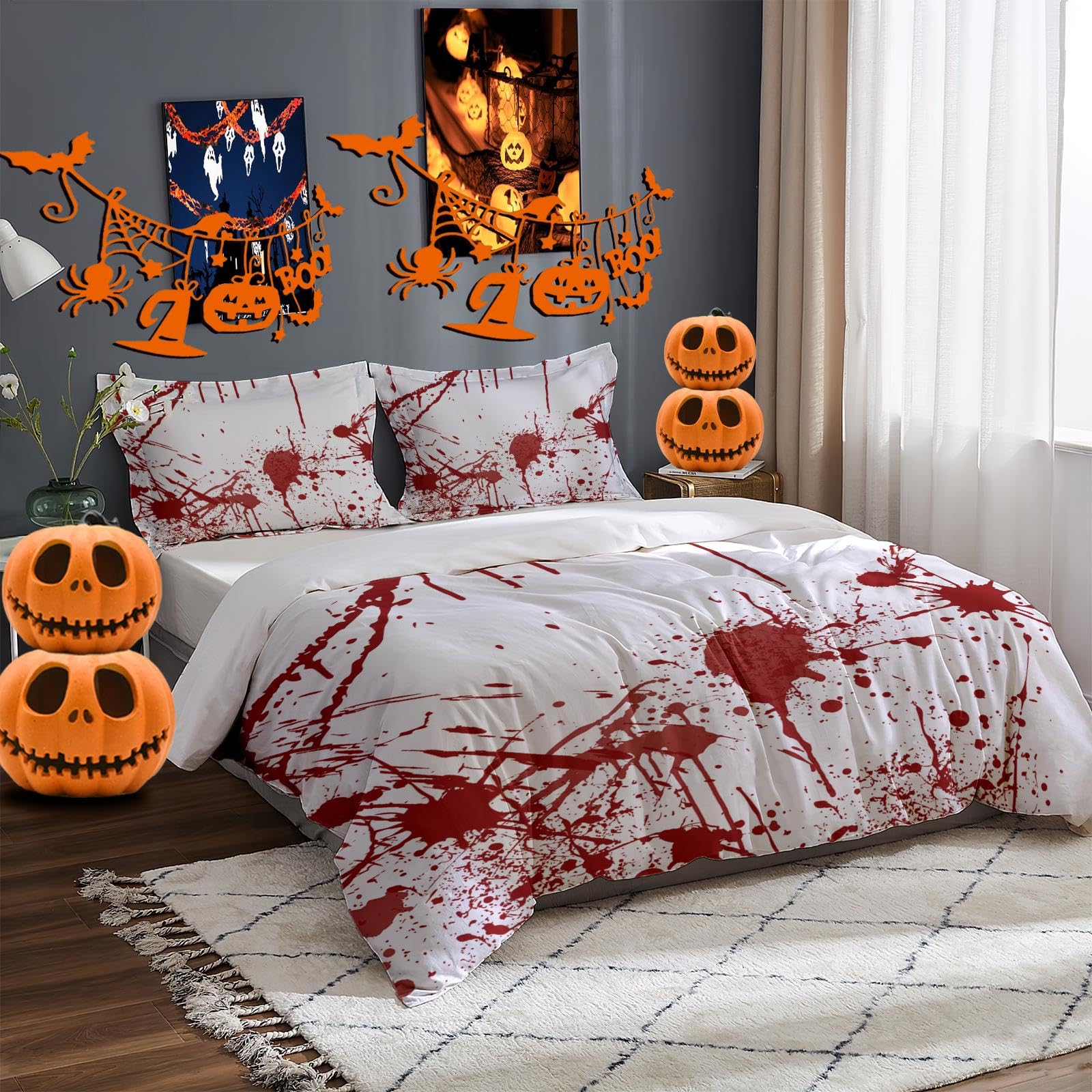 Horror Blood Print Bedding Set 3 Pcs, Bloody Halloween Decor Duvet Cover Set, Microfiber Soft Textured Comfortable Bedding Duvet Cover Sets with Zipper Closure for All Seasons (Twin 68" X 88")